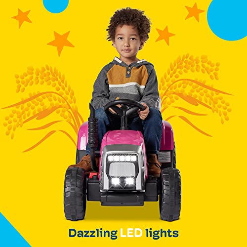 Kidzone 12V 7AH Treaded Tires with Dual 25W Motors Remote Control Battery Powered Electric Tractor with Trailer Toddler Ride On Toy with 3-Gear-Shift 7-LED Lights USB & Bluetooth Audio - Green