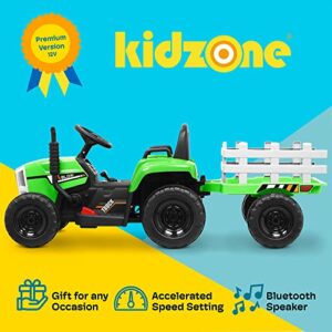 Kidzone 12V 7AH Treaded Tires with Dual 25W Motors Remote Control Battery Powered Electric Tractor with Trailer Toddler Ride On Toy with 3-Gear-Shift 7-LED Lights USB & Bluetooth Audio - Green