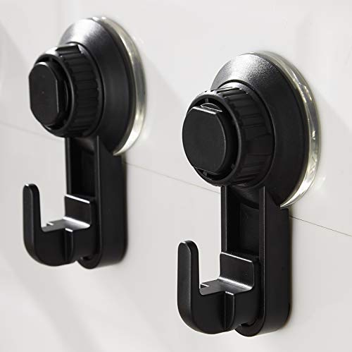 Bestomo Suction Cup Hooks, Heavy Duty Suction Cup Hooks Waterproof and Oilproof, Bathroom Kitchen Wall Hooks Hanger for Towel Loofah, Reusable Shower Suction Hooks - 2 Packs（Black） (Black, Small)