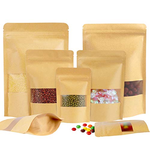 Stand Up Pouch Bags 50 Pcs Kraft Bags with Window Zip Sealable Bags for Food Resealable Bags for Small Business 4x6 Inches