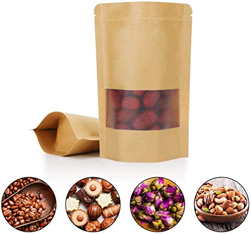 Stand Up Pouch Bags 50 Pcs Kraft Bags with Window Zip Sealable Bags for Food Resealable Bags for Small Business 4x6 Inches