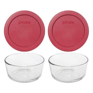 pyrex (2 7200 2 cup glass dishes & (2) 7200-pc 2 cup berry red lids made in the usa