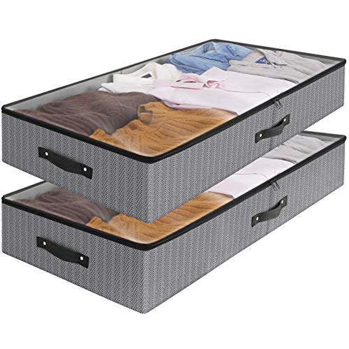 WISELIFE Under Bed Storage Bins Containers (2-Pack) Large Foldable Shoe Storage Organizers with Clear Lid, 2-Way Zippers, Sturdy Riveted Handles, Rigid Structure 33x17x6 in