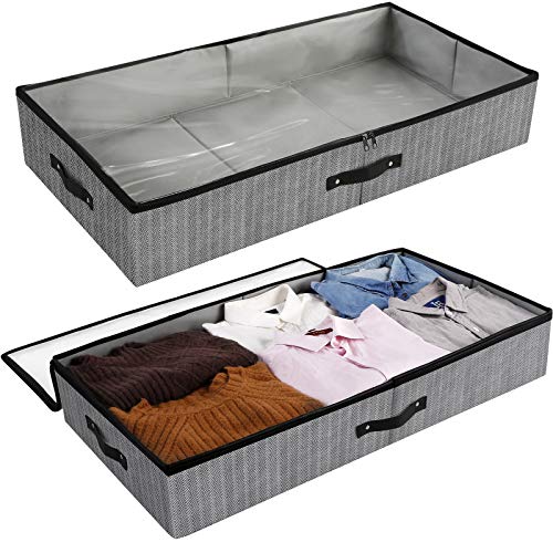 WISELIFE Under Bed Storage Bins Containers (2-Pack) Large Foldable Shoe Storage Organizers with Clear Lid, 2-Way Zippers, Sturdy Riveted Handles, Rigid Structure 33x17x6 in