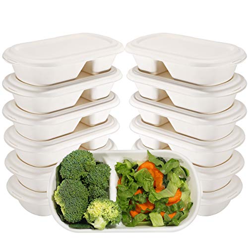 WELLIFE 60 Pack Biodegradable Food Containers, Two-Compartment Compostable Food Containers with Lids, Biodegradable Microwaveable Takeout Boxes 26OZ, Bento Boxes Made of Sugar Cane Fibers