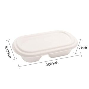 WELLIFE 60 Pack Biodegradable Food Containers, Two-Compartment Compostable Food Containers with Lids, Biodegradable Microwaveable Takeout Boxes 26OZ, Bento Boxes Made of Sugar Cane Fibers