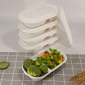 WELLIFE 60 Pack Biodegradable Food Containers, Two-Compartment Compostable Food Containers with Lids, Biodegradable Microwaveable Takeout Boxes 26OZ, Bento Boxes Made of Sugar Cane Fibers