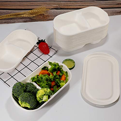 WELLIFE 60 Pack Biodegradable Food Containers, Two-Compartment Compostable Food Containers with Lids, Biodegradable Microwaveable Takeout Boxes 26OZ, Bento Boxes Made of Sugar Cane Fibers