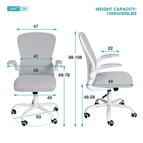 ELECWISH Ergonomic Home Office Chair Fabric Desk Chair with Adjustable Lumbar Support and Height, Mid Back Swivel Executive Chair with Flip up Armrests (Grey)