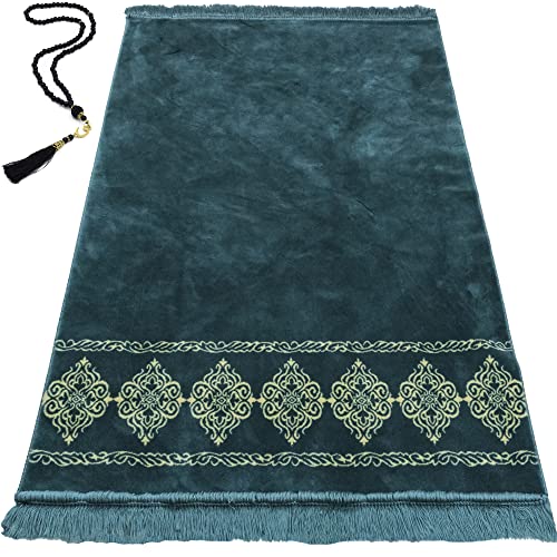 Modefa Turkish Islamic Prayer Rug - Large & Wide Soft Velvet Janamaz - Comfortable Muslim Praying Mat for Men & Women - Ramadan or Eid Gift - with Prayer Beads Tesbih - Grand Plush (Teal)