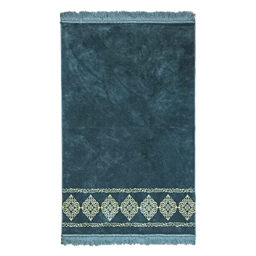 Modefa Turkish Islamic Prayer Rug - Large & Wide Soft Velvet Janamaz - Comfortable Muslim Praying Mat for Men & Women - Ramadan or Eid Gift - with Prayer Beads Tesbih - Grand Plush (Teal)