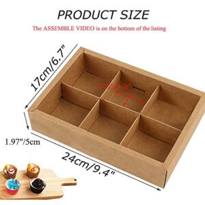 12 Packs Cupcake Boxes,Brown Kraft Treats Gift Boxes with Inserts and Display Windows,Cupcake Containers for Baking Pastries Goodies Biscuits(6 Lattices)