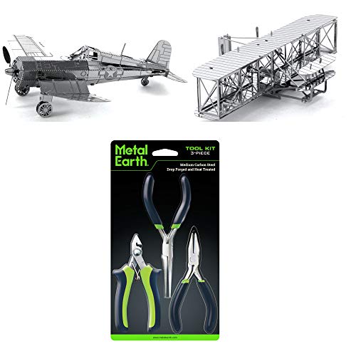 Fascinations Metal Earth 3D Metal Model Kit Bundle - Wright Brothers Airplane - F4U Corsair - Tool Set