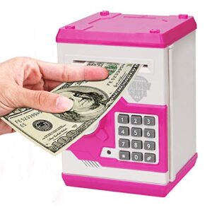 renvdsa cartoon electronic atm password piggy bank cash coin can auto scroll paper money saving box gift for kids (white pink)