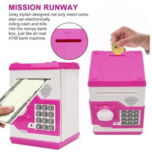 Renvdsa Cartoon Electronic ATM Password Piggy Bank Cash Coin Can Auto Scroll Paper Money Saving Box Gift for Kids (White Pink)