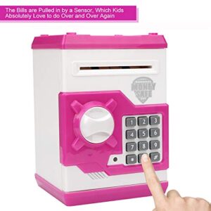 Renvdsa Cartoon Electronic ATM Password Piggy Bank Cash Coin Can Auto Scroll Paper Money Saving Box Gift for Kids (White Pink)