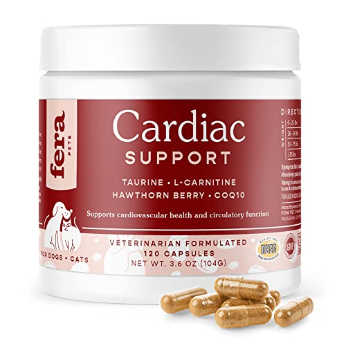 FERA PET ORGANICS Cardiac Support Supplement for Dogs and Cats, Improves Blood Flow, Energy – with Taurine, CoQ10, Organic Hawthorn Berry, Supports Cardiovascular Heart Health – 120 Capsules