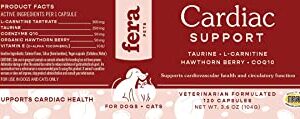 FERA PET ORGANICS Cardiac Support Supplement for Dogs and Cats, Improves Blood Flow, Energy – with Taurine, CoQ10, Organic Hawthorn Berry, Supports Cardiovascular Heart Health – 120 Capsules