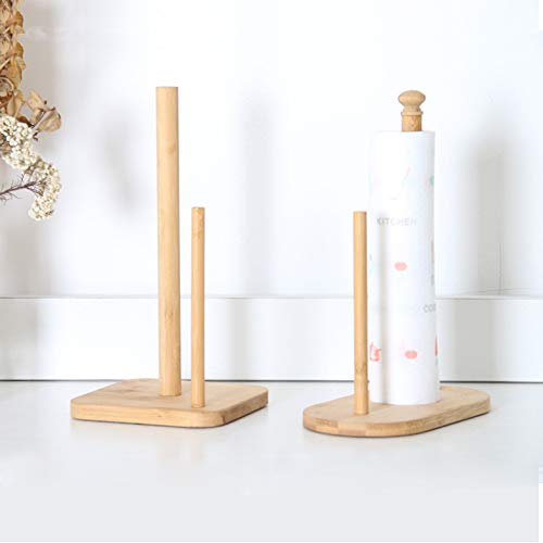 Bamboo Wood Standing Paper Towel Holder Wooden Paper Towel Rack Kitchen Paper Hanger Rack Bathroom Towel Roll Stand Organizer for Cabinet Table (Square)