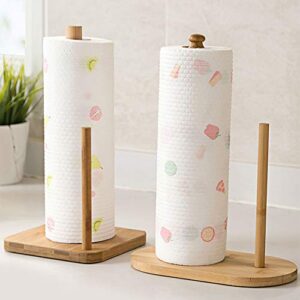 Bamboo Wood Standing Paper Towel Holder Wooden Paper Towel Rack Kitchen Paper Hanger Rack Bathroom Towel Roll Stand Organizer for Cabinet Table (Square)