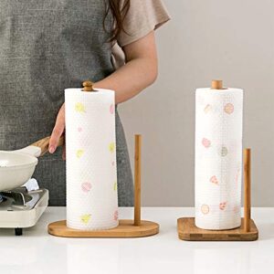 Bamboo Wood Standing Paper Towel Holder Wooden Paper Towel Rack Kitchen Paper Hanger Rack Bathroom Towel Roll Stand Organizer for Cabinet Table (Square)