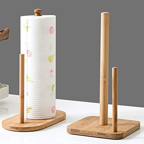 Bamboo Wood Standing Paper Towel Holder Wooden Paper Towel Rack Kitchen Paper Hanger Rack Bathroom Towel Roll Stand Organizer for Cabinet Table (Square)