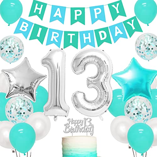 13th Birthday Decorations for Girls Sweet 13 Birthday Decorations for Girls Teal Turquoise Turning 13 Birthday Supplies Mint Green Happy Birthday Banner Garland Sash Happy 13th Birthday Cake Topper