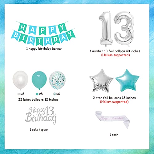 13th Birthday Decorations for Girls Sweet 13 Birthday Decorations for Girls Teal Turquoise Turning 13 Birthday Supplies Mint Green Happy Birthday Banner Garland Sash Happy 13th Birthday Cake Topper