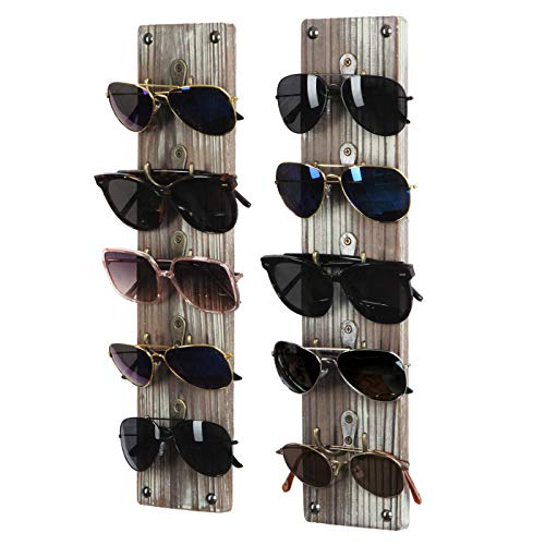 J JACKCUBE DESIGN Rustic Wood Wall Mounted Sunglasses Storage Organizer 10 Eyeglasses Holder Display Rack Set of 2 with 5 Metal Hooks on Each Holder -MK691A