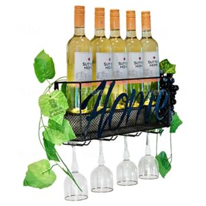 flomac finest wine holder wall mounted - stores 4 glasses 5 wine bottles - with cork holder storage - home and kitchen wall decor storage- bonus e-book and grapes