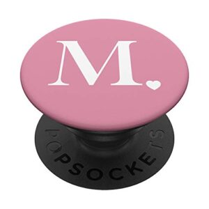 peony pink white monogram letter m initial heart design popsockets swappable popgrip