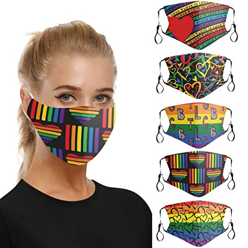 LGBTQ Gay Pride Mouth Face Protective Gear, Adults Rainbow Adjustable Washable Reusable Dustproof Cotton Cloth Covering (5 Colors, 5 Pcs)