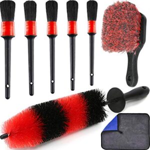 wheel tire brush set car detailing kit 8pcs by takavu, 17” long soft bristle wheel brush, 5pcs detail brushes, tire brush & microfiber cleaning cloth for cleaning wheels, dashboard, interior, exterior