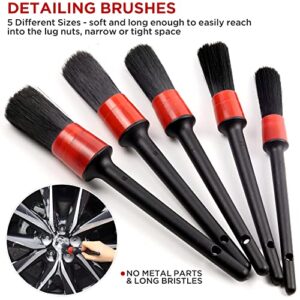 Wheel Tire Brush Set Car Detailing Kit 8pcs by TAKAVU, 17” Long Soft Bristle Wheel Brush, 5pcs Detail Brushes, Tire Brush & Microfiber Cleaning Cloth for cleaning Wheels, Dashboard, Interior, Exterior