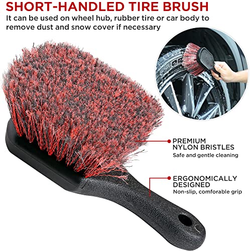 Wheel Tire Brush Set Car Detailing Kit 8pcs by TAKAVU, 17” Long Soft Bristle Wheel Brush, 5pcs Detail Brushes, Tire Brush & Microfiber Cleaning Cloth for cleaning Wheels, Dashboard, Interior, Exterior