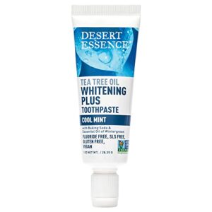 desert essence tea tree oil whitening toothpaste travel size, 1 oz - flouride free, gluten free, vegan, non-gmo - with bamboo stem fiber, baking soda, tea tree oil for whitening teeth & fresh breath