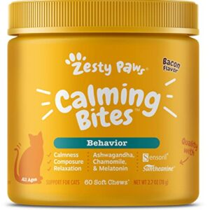 Zesty Paws Calming Chews for Cats - Composure & Relaxation for Everyday Stress & Separation - with Ashwagandha, Organic Chamomile, L-Theanine & L-Tryptophan – Bacon - 60 Count - Cat…