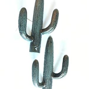 Set of 2 - Cactus Cast Iron Double Wall Hooks Wall Mounted for Home Office Use for Coats, Hats, Bags, Keys, Towels and Many More Rustic Green Color