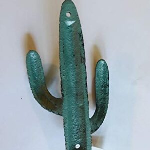 Set of 2 - Cactus Cast Iron Double Wall Hooks Wall Mounted for Home Office Use for Coats, Hats, Bags, Keys, Towels and Many More Rustic Green Color