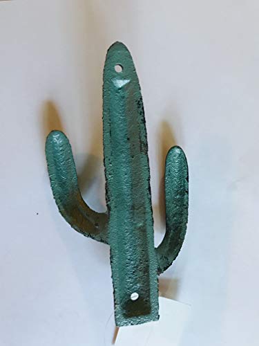 Set of 2 - Cactus Cast Iron Double Wall Hooks Wall Mounted for Home Office Use for Coats, Hats, Bags, Keys, Towels and Many More Rustic Green Color