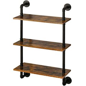 ymyny industrial pipe shelf bracket, 3 tiers retro wall mounted floating shelf, wood diy bookshelf, storage shelves for living room, bedroom, office, 24" farmhouse bathroom shelving, uhrf-tm003