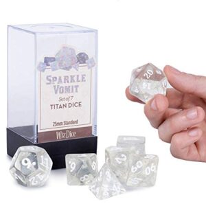 wiz dice titan 25mm dice - large polyhedral dice set for various role playing dice games - sparkle vomit 7 cnt -dnd dice set with a clear dice box - includes d4, d6, d8, d10, d10(0), d12 & d20