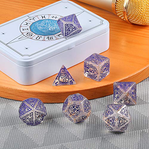 DNDND Giant DND Dice Set,7 PCS Translucent Polyhedral D&D Dice Set with Gift Metal Box for Dungeons and Dragons DND Rolling and Table Games (Translucent with Purple Number)