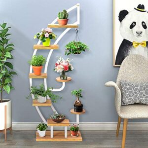 VIVOHOME 6 Tier 9 Potted Steel-wood Plant Stand with Hanger, Curved Flower Pot Holder Shelf for Indoor