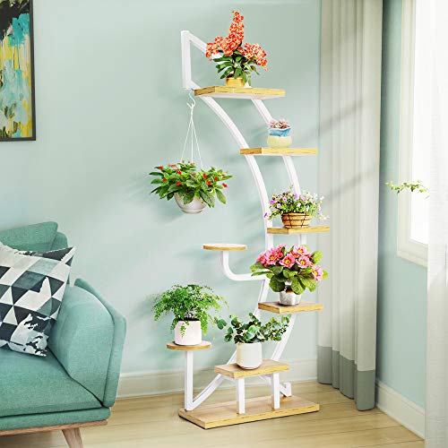 VIVOHOME 6 Tier 9 Potted Steel-wood Plant Stand with Hanger, Curved Flower Pot Holder Shelf for Indoor