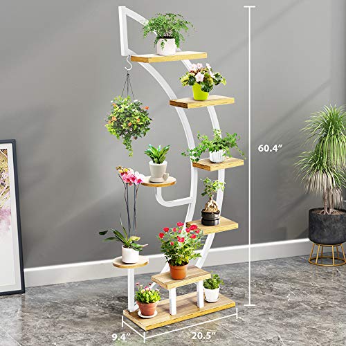 VIVOHOME 6 Tier 9 Potted Steel-wood Plant Stand with Hanger, Curved Flower Pot Holder Shelf for Indoor