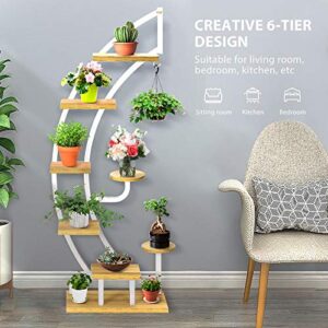 VIVOHOME 6 Tier 9 Potted Steel-wood Plant Stand with Hanger, Curved Flower Pot Holder Shelf for Indoor