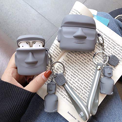 for Apple Airpods Pro and 1/2 Charging Case Easter Island Statues Silicone Cover and Pendant Keychain 3D Lovely Stone Man Father and Son (Airpods Pro)