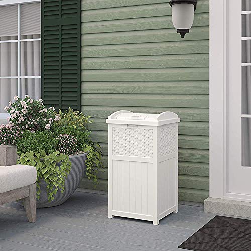 Suncast Wicker Resin Outdoor Hideaway Trash Can Bin with Latching Lid for Use in Backyard, Deck, or Patio, White (2 Pack)