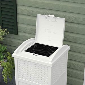 Suncast Wicker Resin Outdoor Hideaway Trash Can Bin with Latching Lid for Use in Backyard, Deck, or Patio, White (2 Pack)